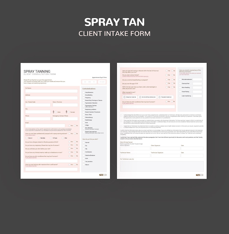 Spray Tan Consultation Forms, Pre & Post Care Instructions, Client ...