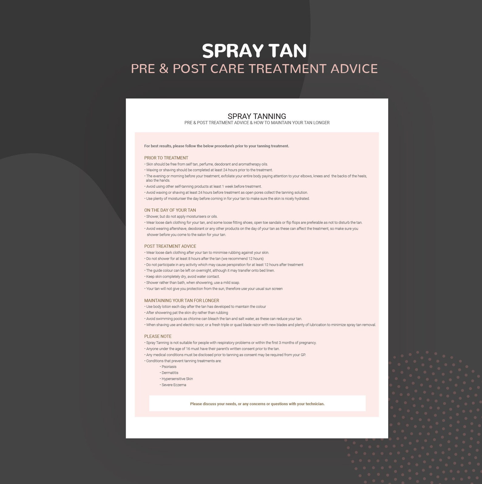 Spray Tan Consultation Forms, Pre & Post Care Instructions, Client ...