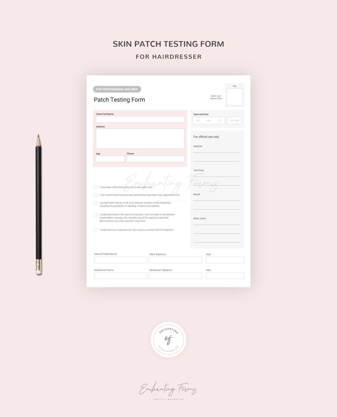Skin Patch Testing Form for Hairdressers, Hairstylists, Instant ...
