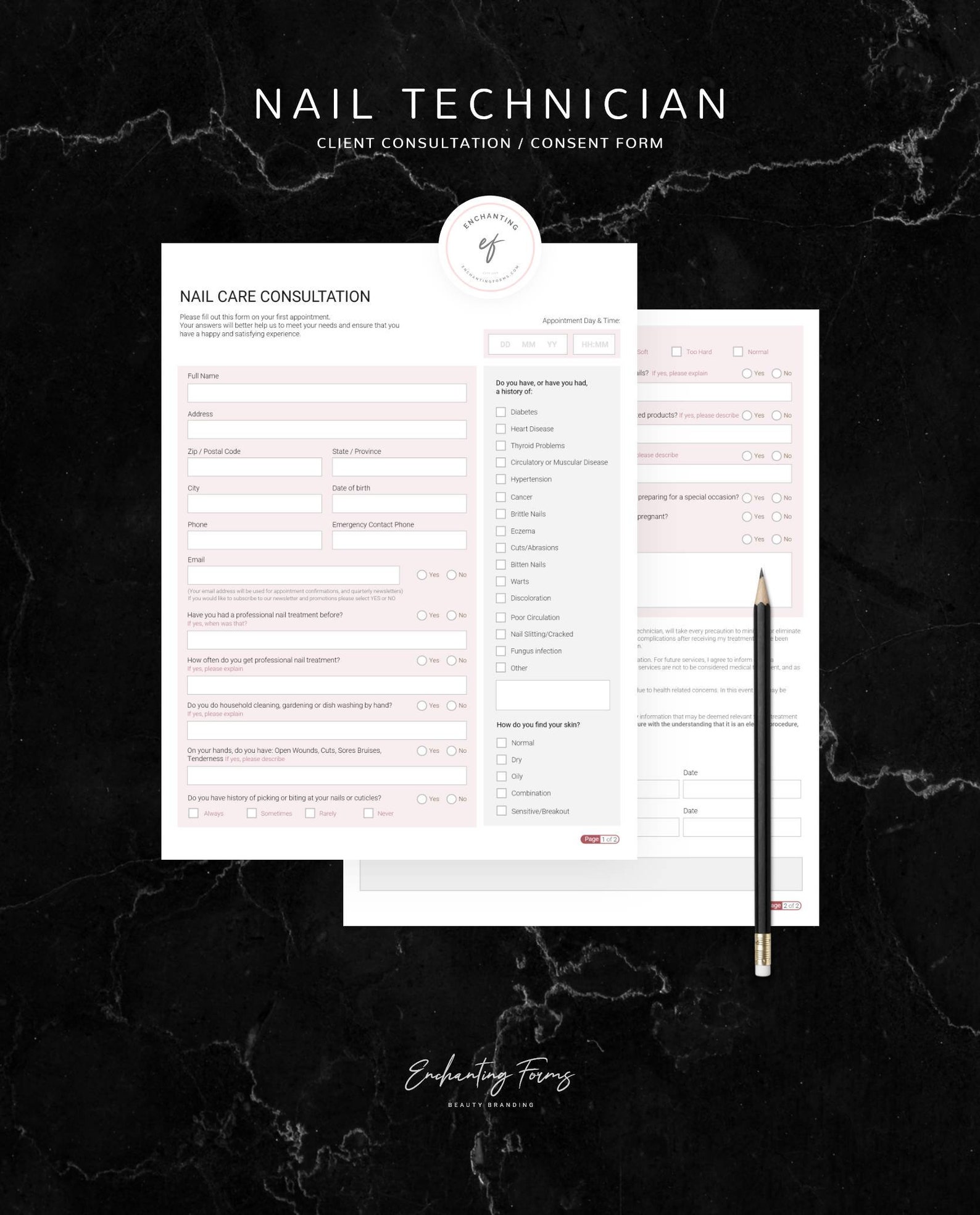 Nail Technician Consultation Forms: Client Record, Consent (instant ...