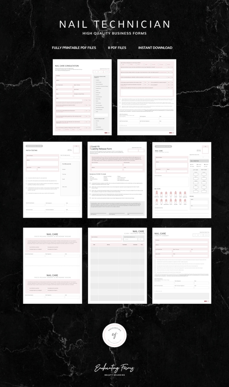 Nail Technician Consultation Forms: Client Record, Consent (instant ...
