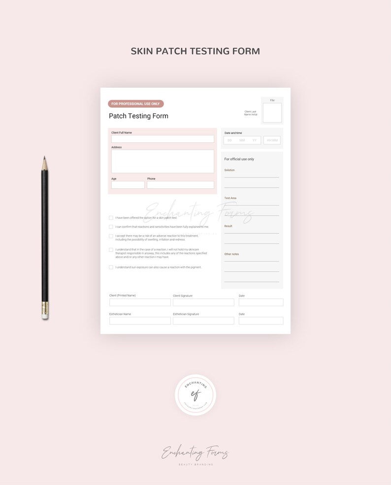 Skin Patch Testing Form for Esthetician, Instant Download PDF After ...