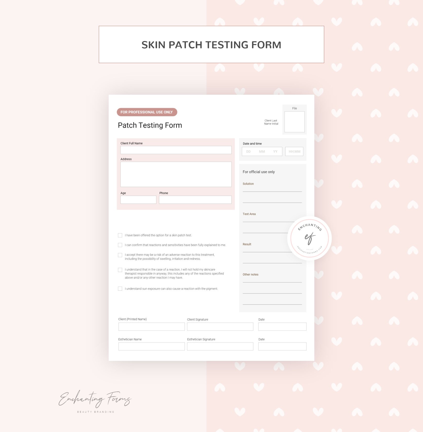 Skin Patch Testing Form for Esthetician, Instant Download PDF After ...