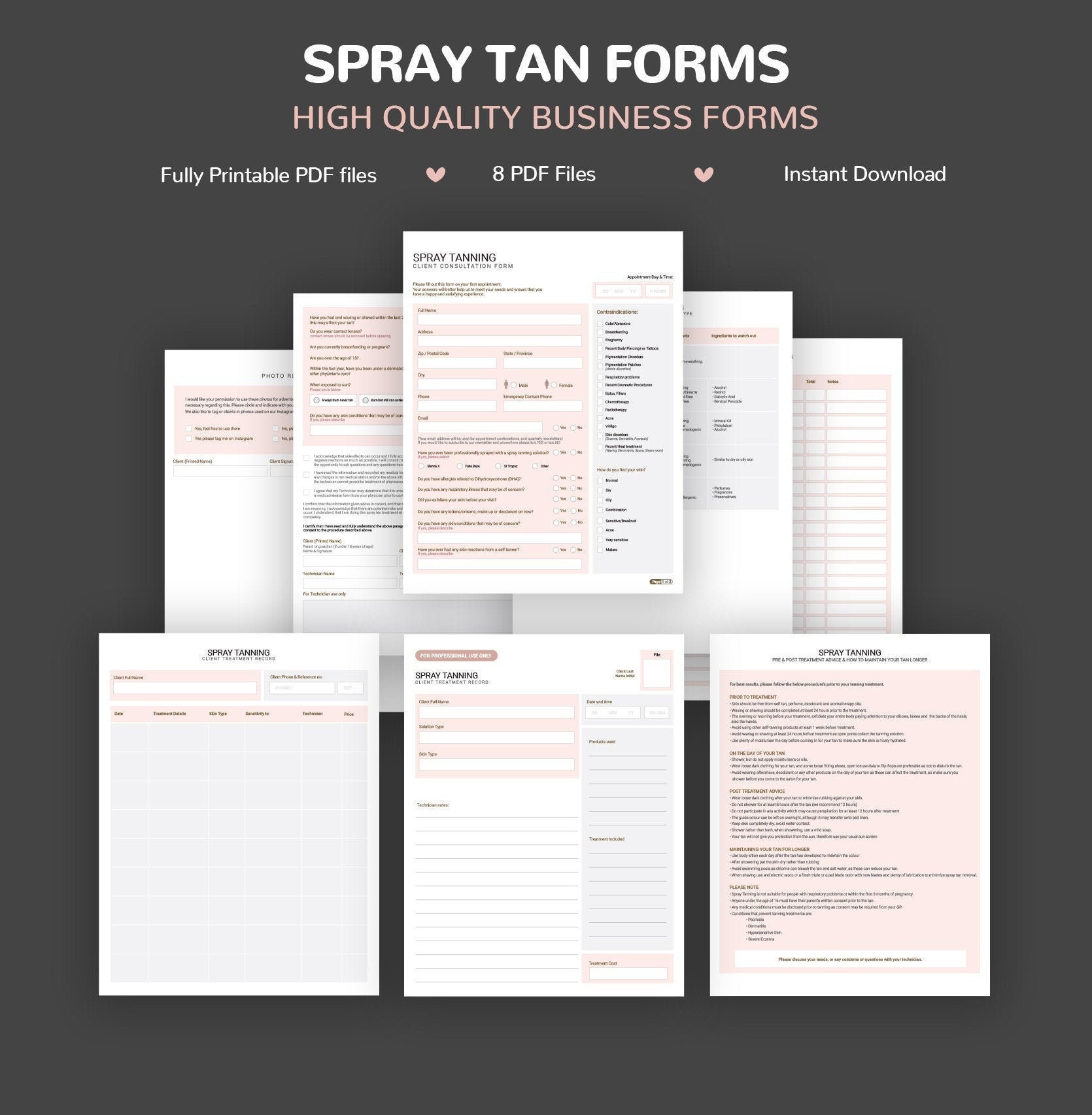 Spray Tan Consultation Forms, Pre & Post Care Instructions, Client ...