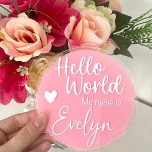 Personalised Acrylic Disc, Hello World Acrylic Disc, Baby Announcement ...