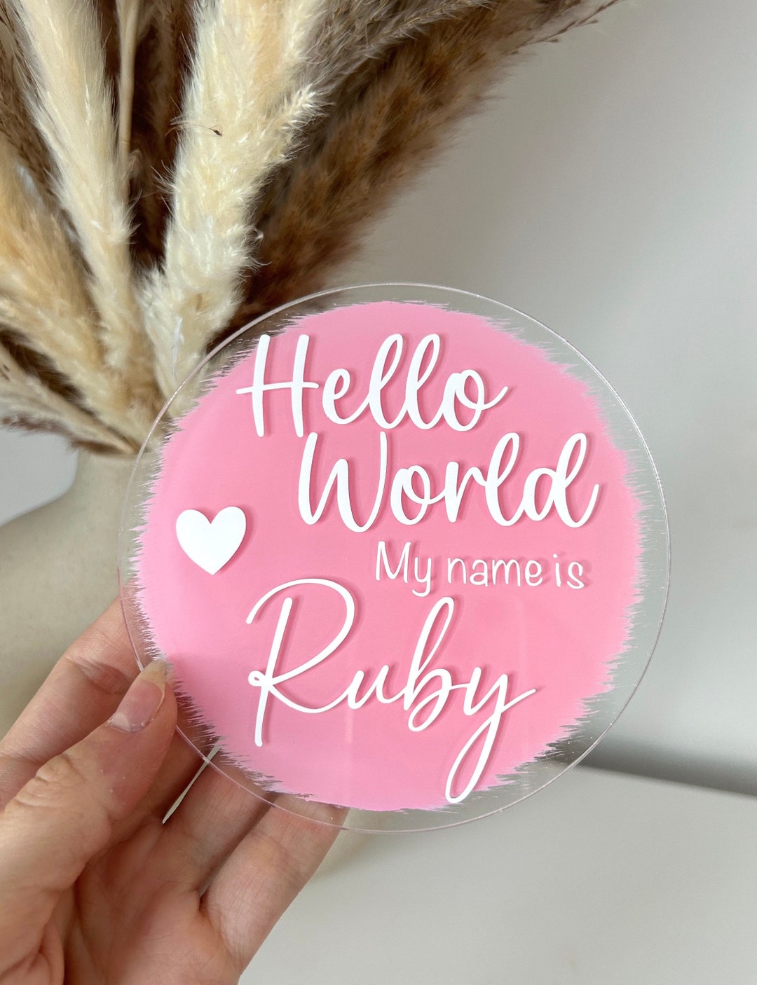 Personalised Acrylic Disc, Hello World Acrylic Disc, Baby Announcement ...