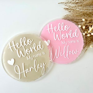 Personalised Acrylic Disc, Hello World Acrylic Disc, Baby Announcement ...