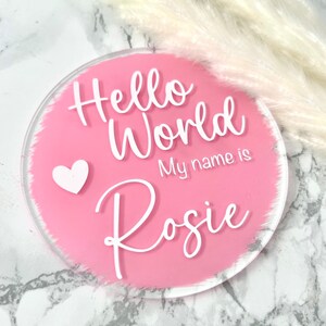 Personalised Acrylic Disc, Hello World Acrylic Disc, Baby Announcement ...