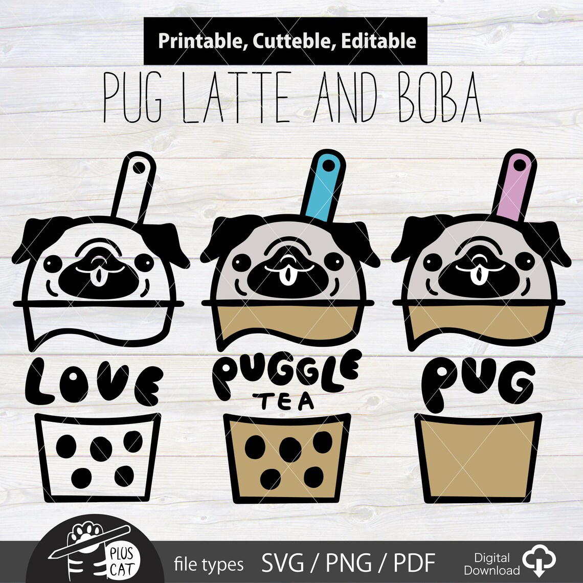 Kawaii Pug Dog and Boba Tea Bubble Tea Tapioca / Coffee Latte Bottle ...