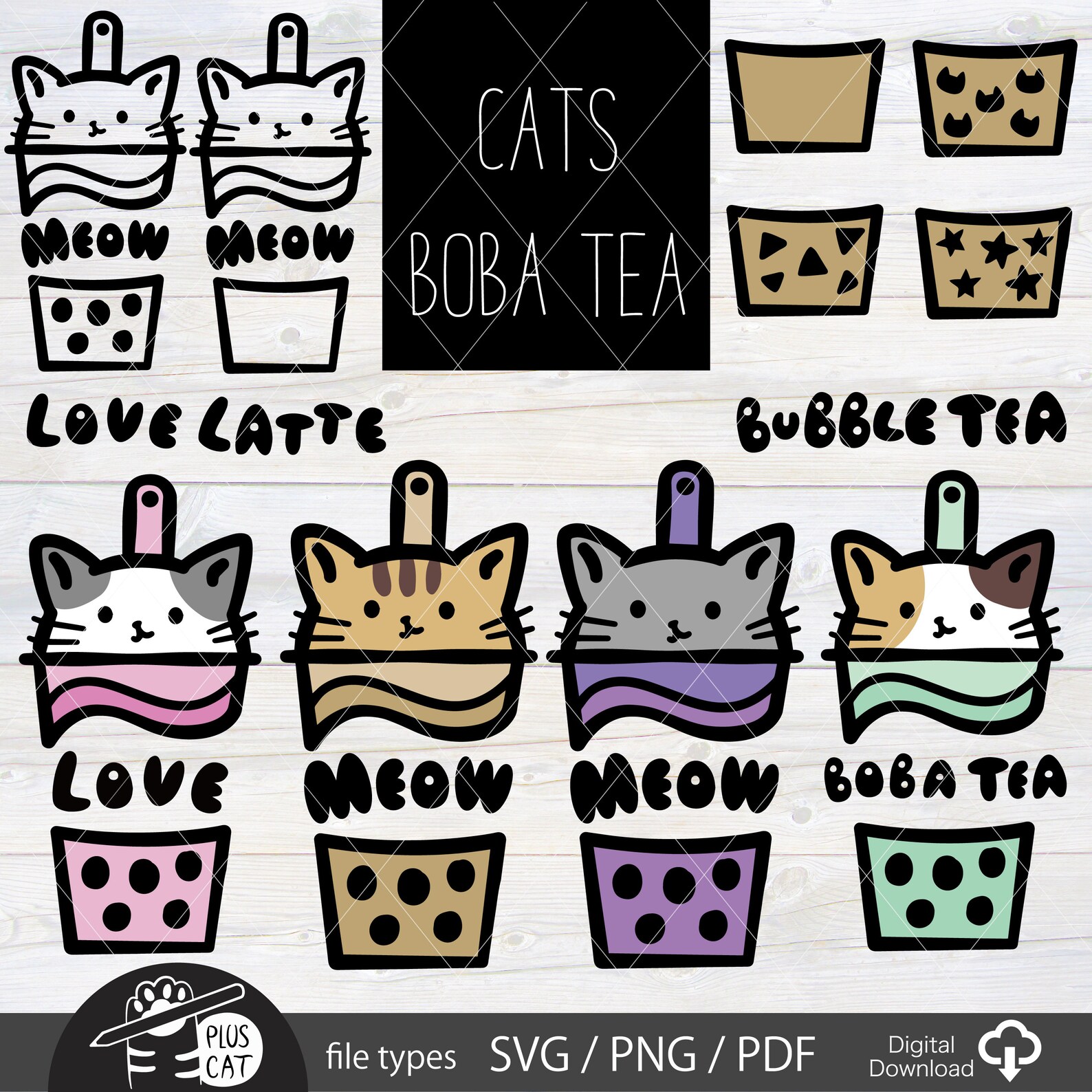 Kawaii Cat and Boba Tea Bubble Tea Tapioca / Coffee Latte Bottle Art ...