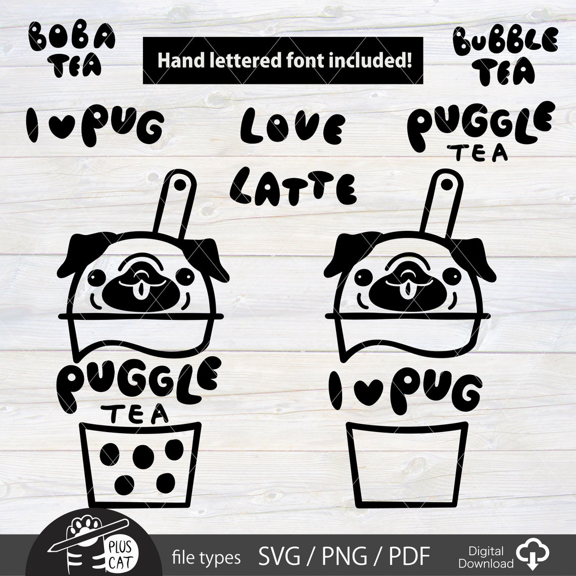 Kawaii Pug Dog and Boba Tea Bubble Tea Tapioca / Coffee Latte Bottle ...