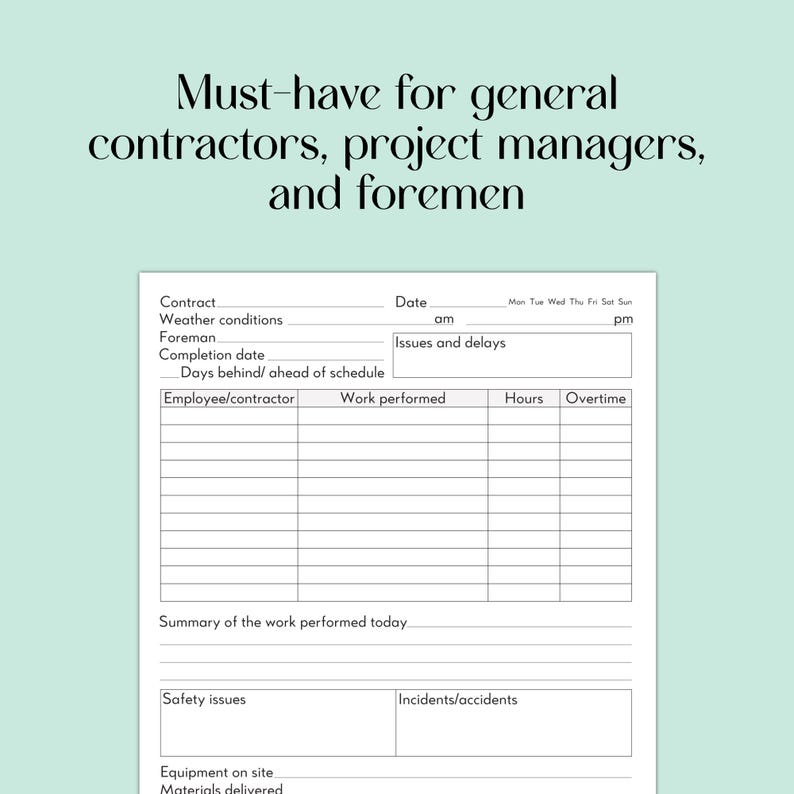 Construction Site Log, Job Site Project Management Report, Foreman Log ...