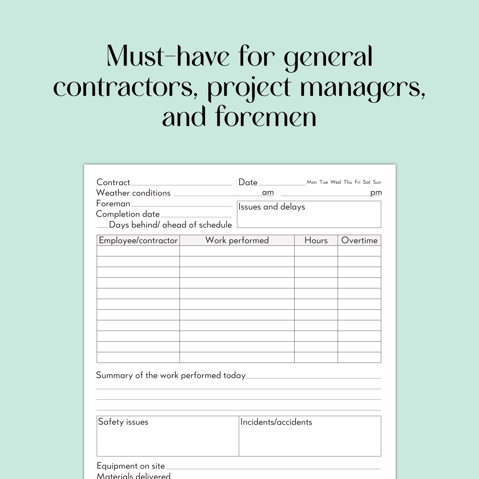 Construction Site Log, Job Site Project Management Report, Foreman Log ...