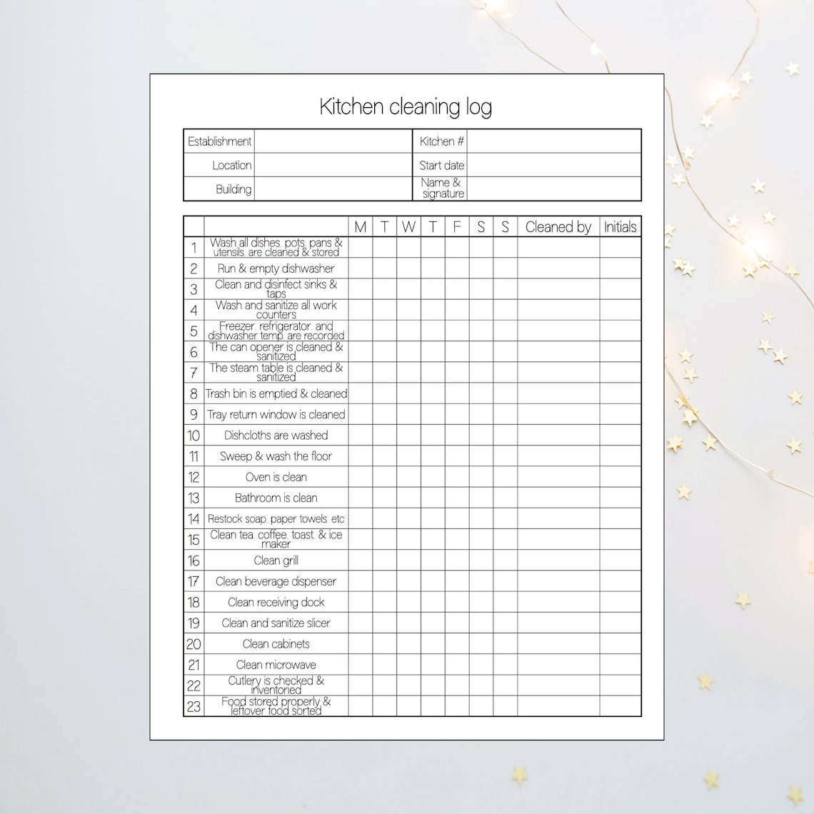 Kitchen Cleaning Checklist, Temperature Log, Food Waste Log, Food ...