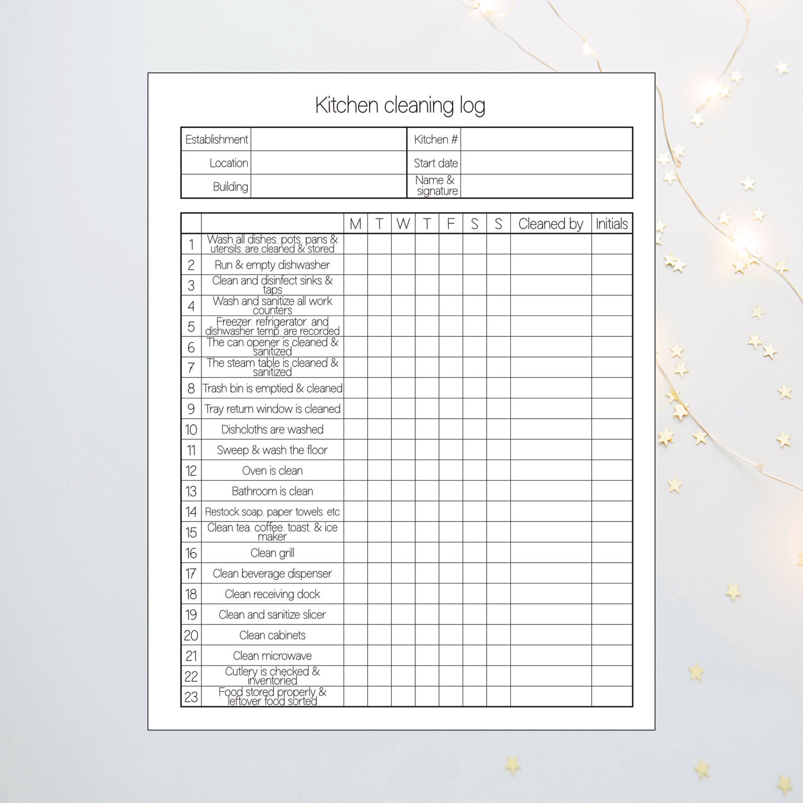 Kitchen Cleaning Checklist, Temperature Log, Food Waste Log, Food ...