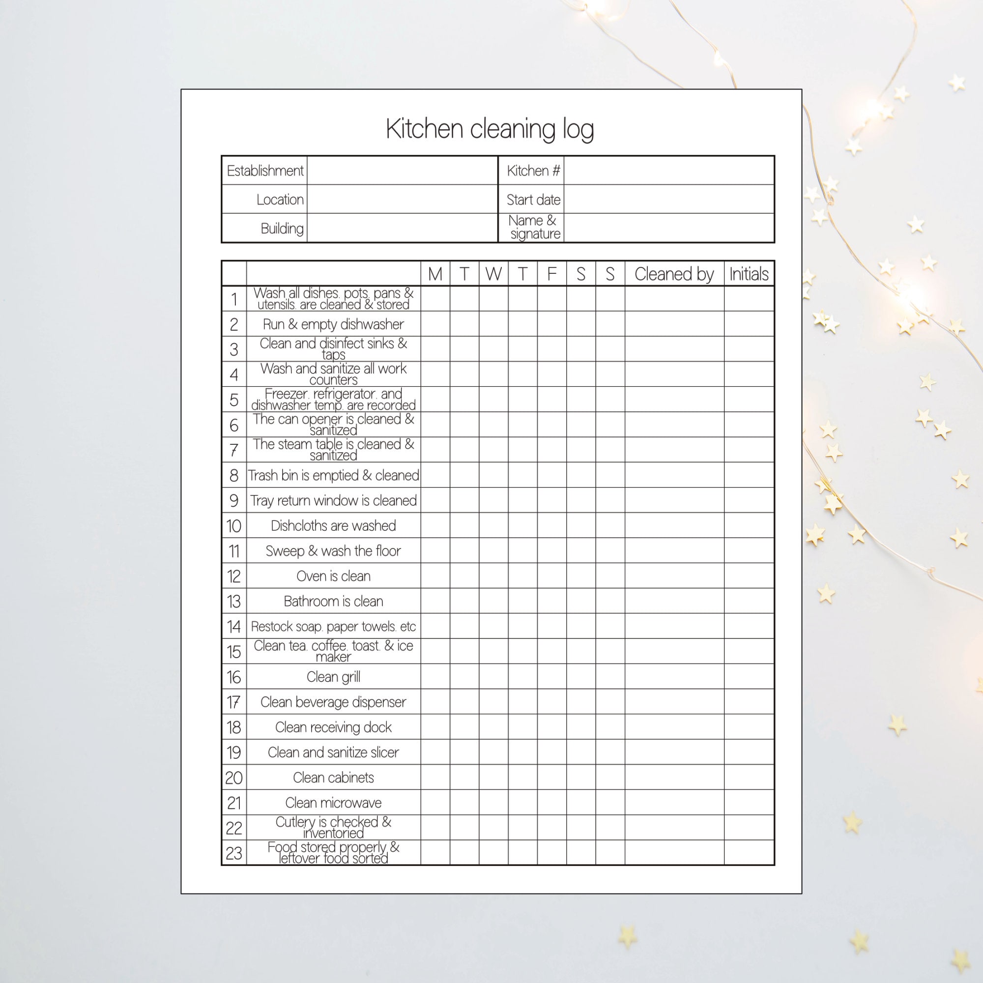 Kitchen Cleaning Checklist, Temperature Log, Food Waste Log, Food ...