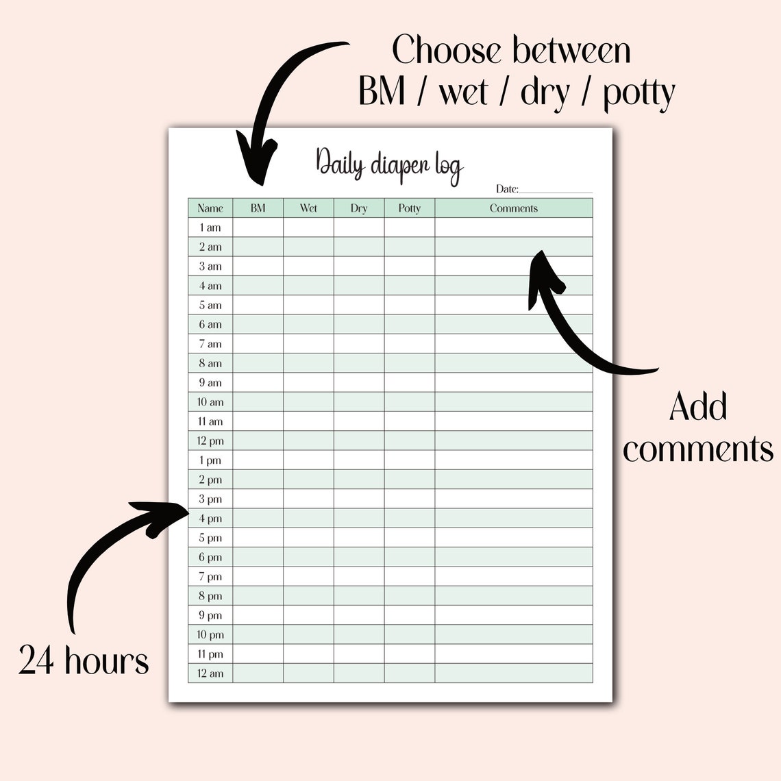 Diaper Log Printable, Daily Changing Tracker, Infant Changing Chart, 6 ...