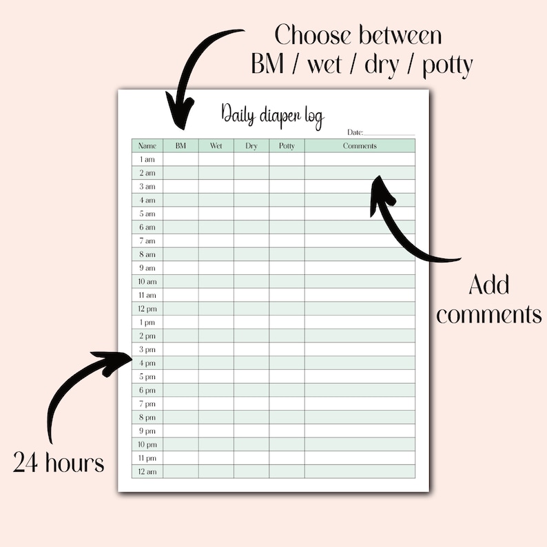 Diaper Log Printable, Daily Changing Tracker, Infant Changing Chart, 6 ...