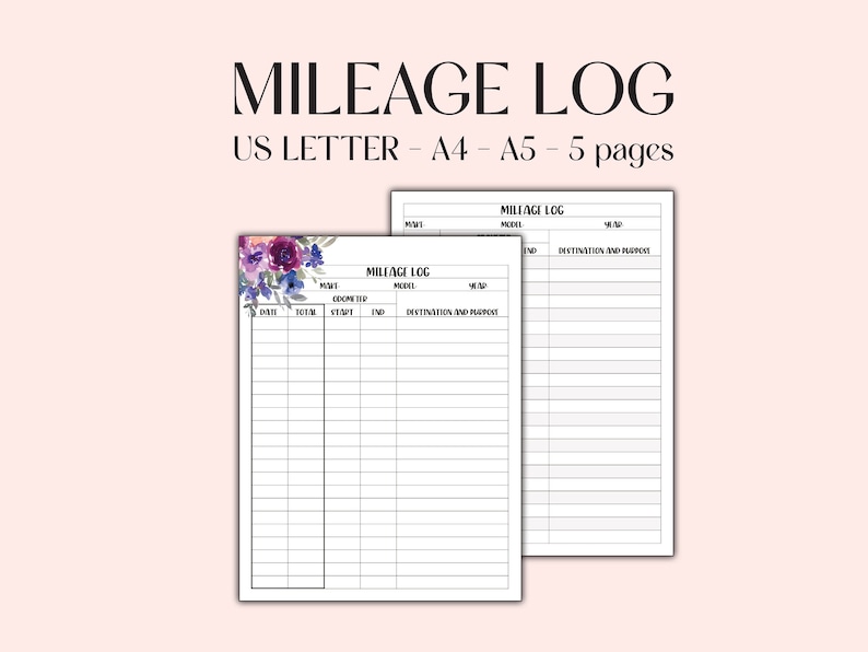 Mileage Log: Printable Business Vehicle Tracker, A5, A4 & US Letter ...