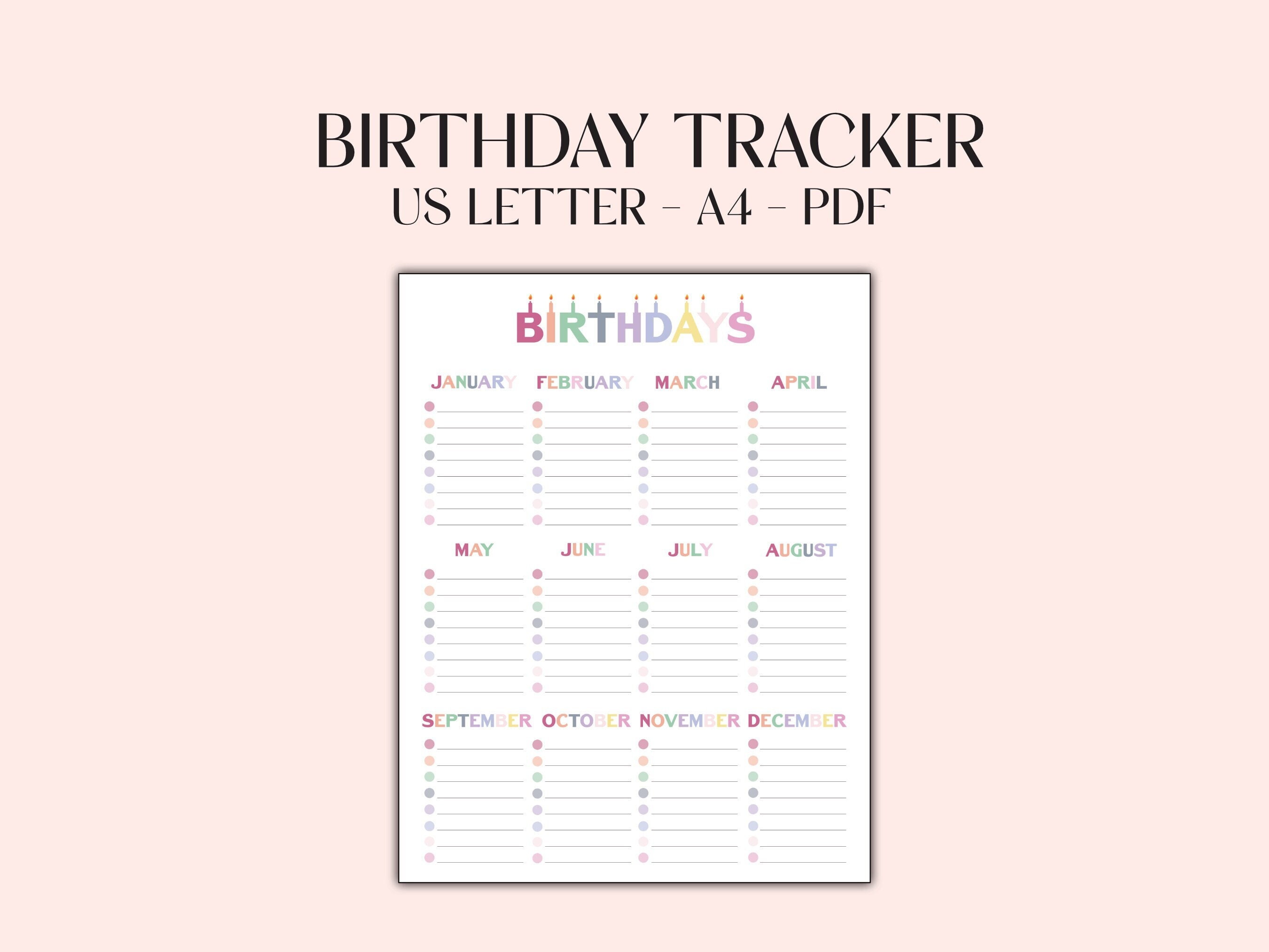 Birthday Tracker Printable, Birthday Planner and Calendar Template ...