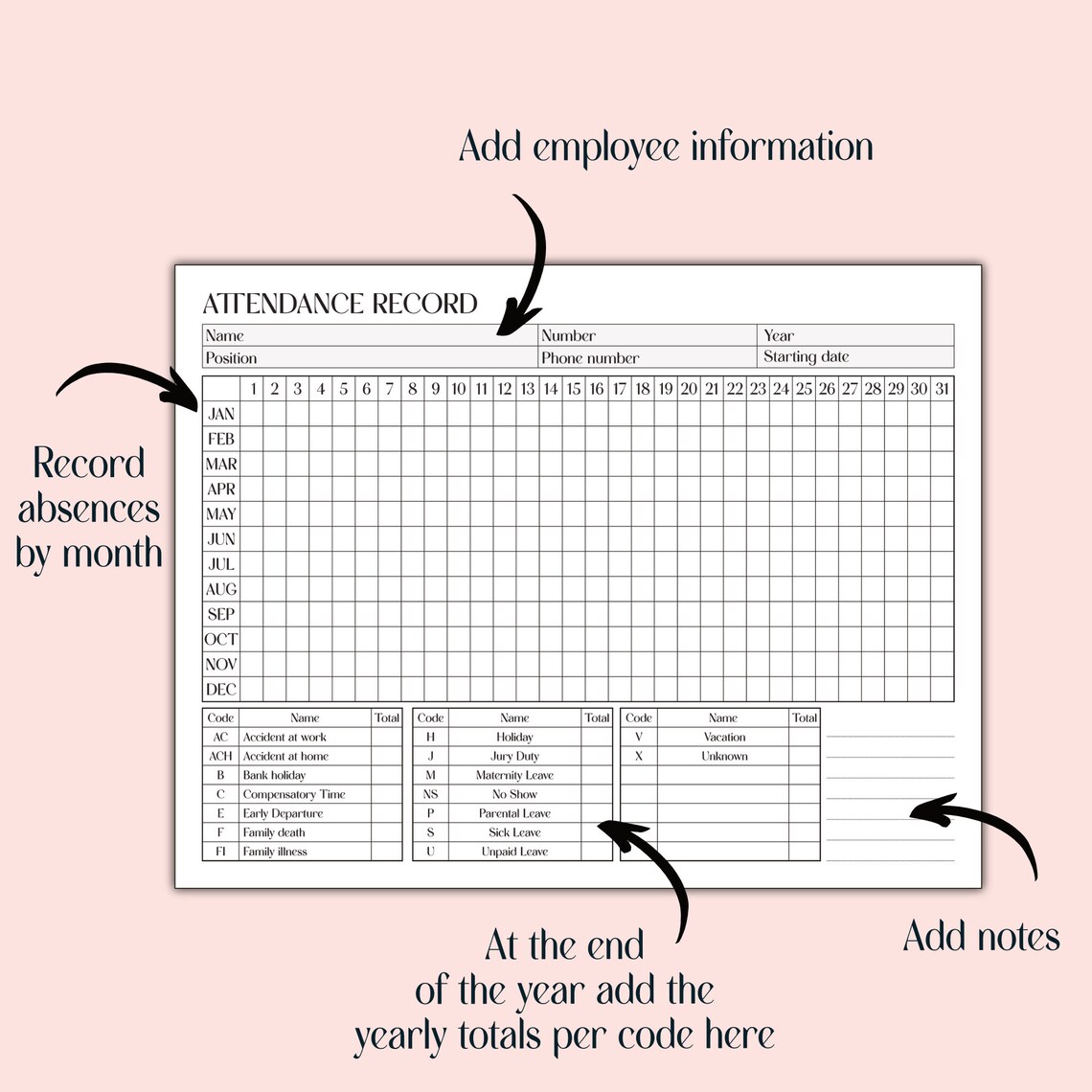 Absence Tracker, Employee Attendance Tracker, Daily Staff Absence Log ...