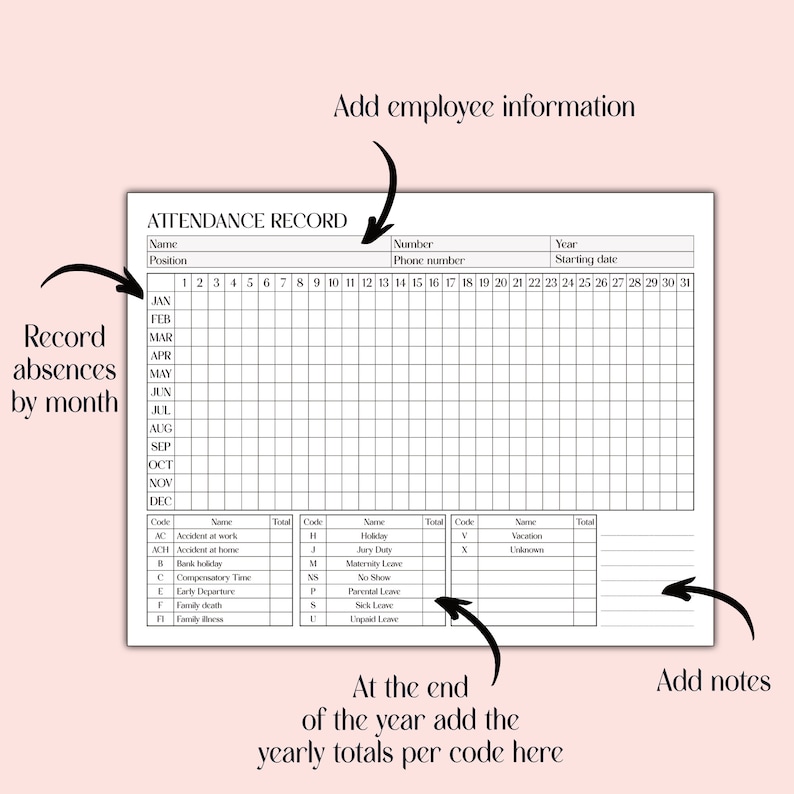 Absence Tracker, Employee Attendance Tracker, Daily Staff Absence Log ...
