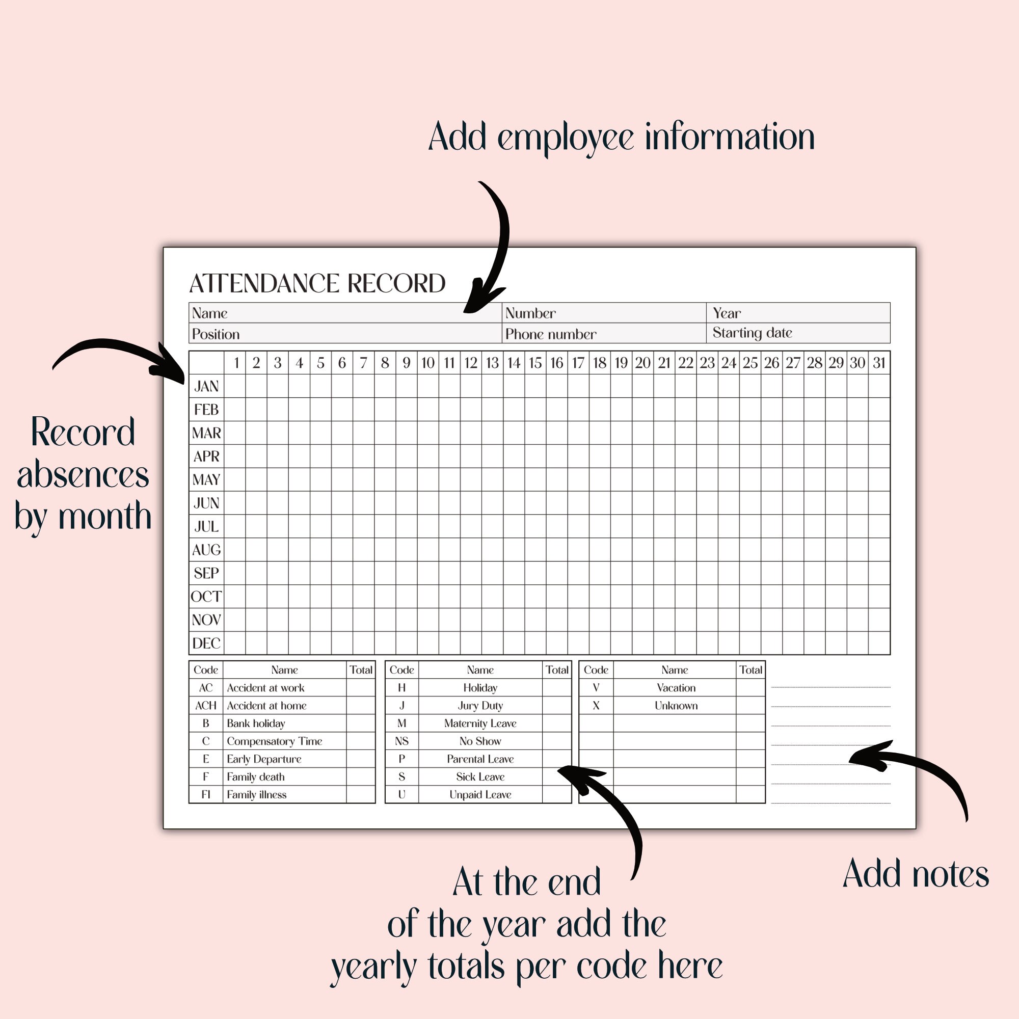 Absence Tracker, Employee Attendance Tracker, Daily Staff Absence Log ...