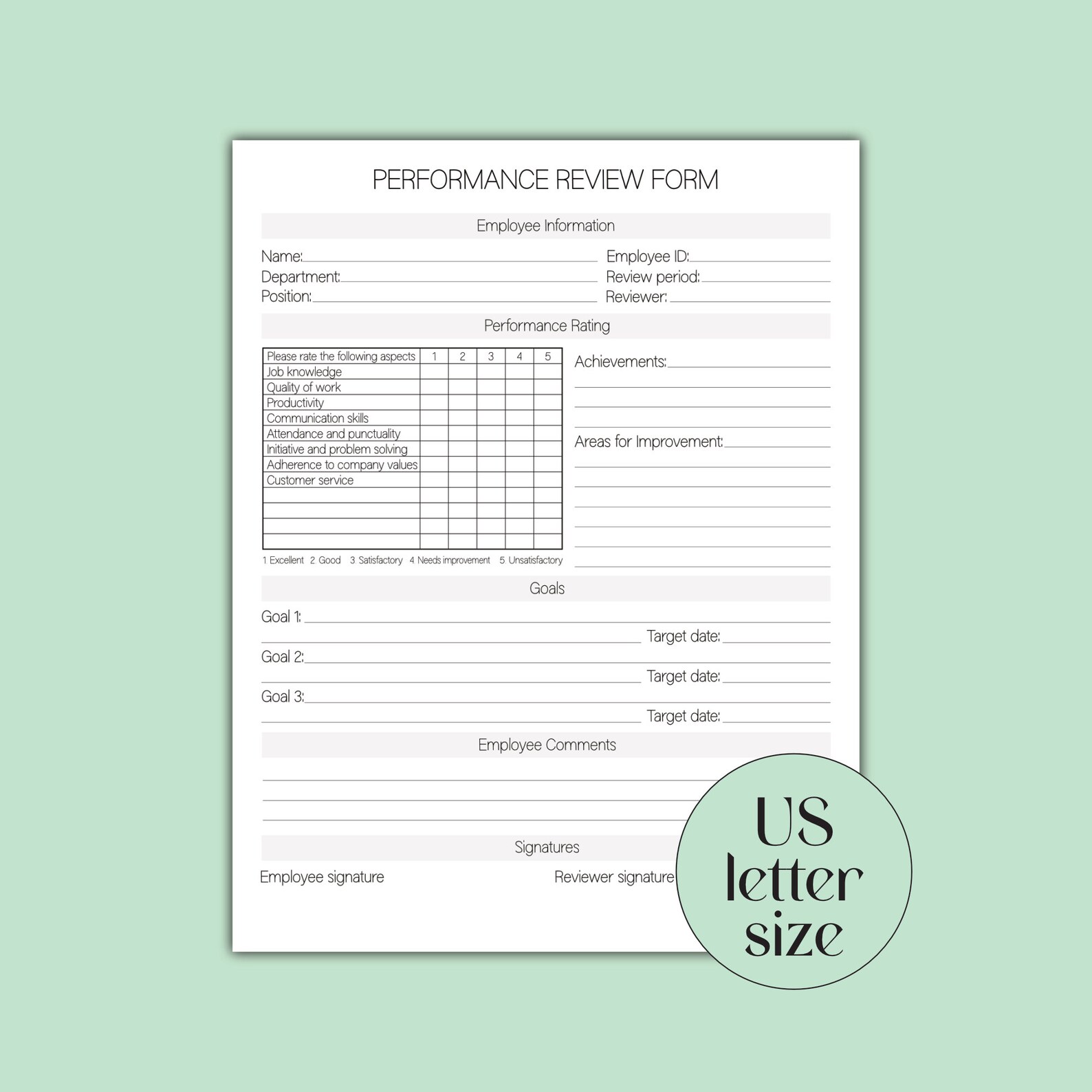 Performance Review Form, Employee Work Evaluation Sheet, Job Feedback ...