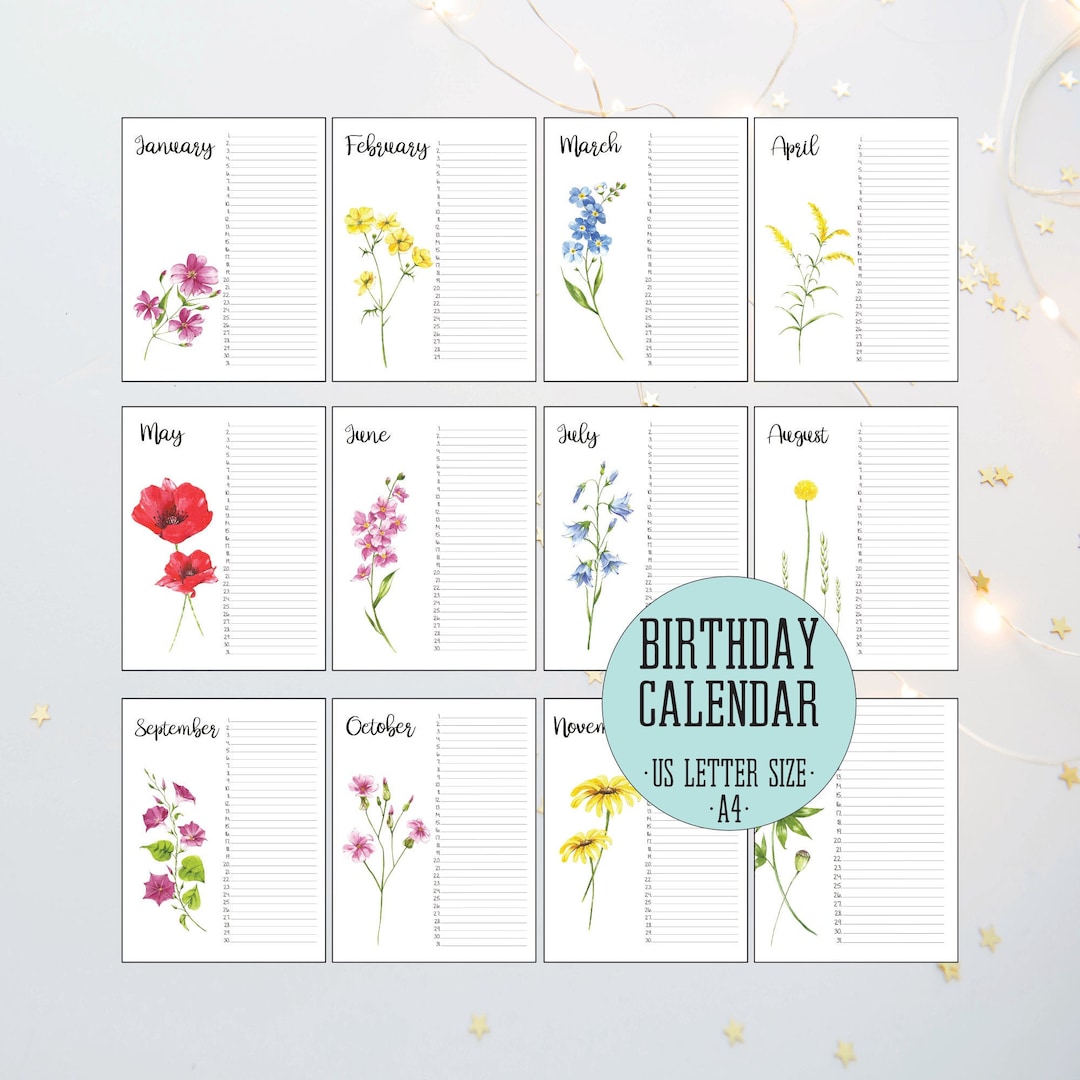Printable Birthday Calendar, Wildflower Calendar, Perpetual Calendar ...