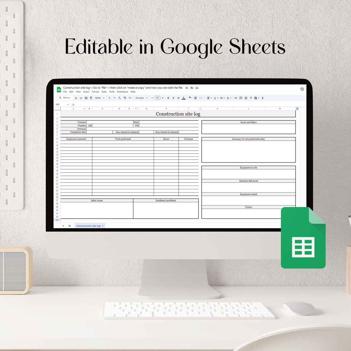 Construction Site Log Editable in Google Sheets, Job Site Project ...