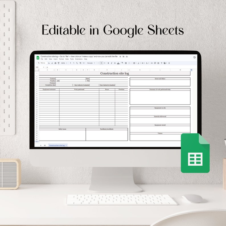 Construction Site Log Editable in Google Sheets, Job Site Project ...