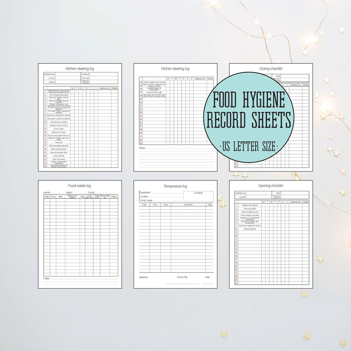 Kitchen Cleaning Checklist, Temperature Log, Food Waste Log, Food ...