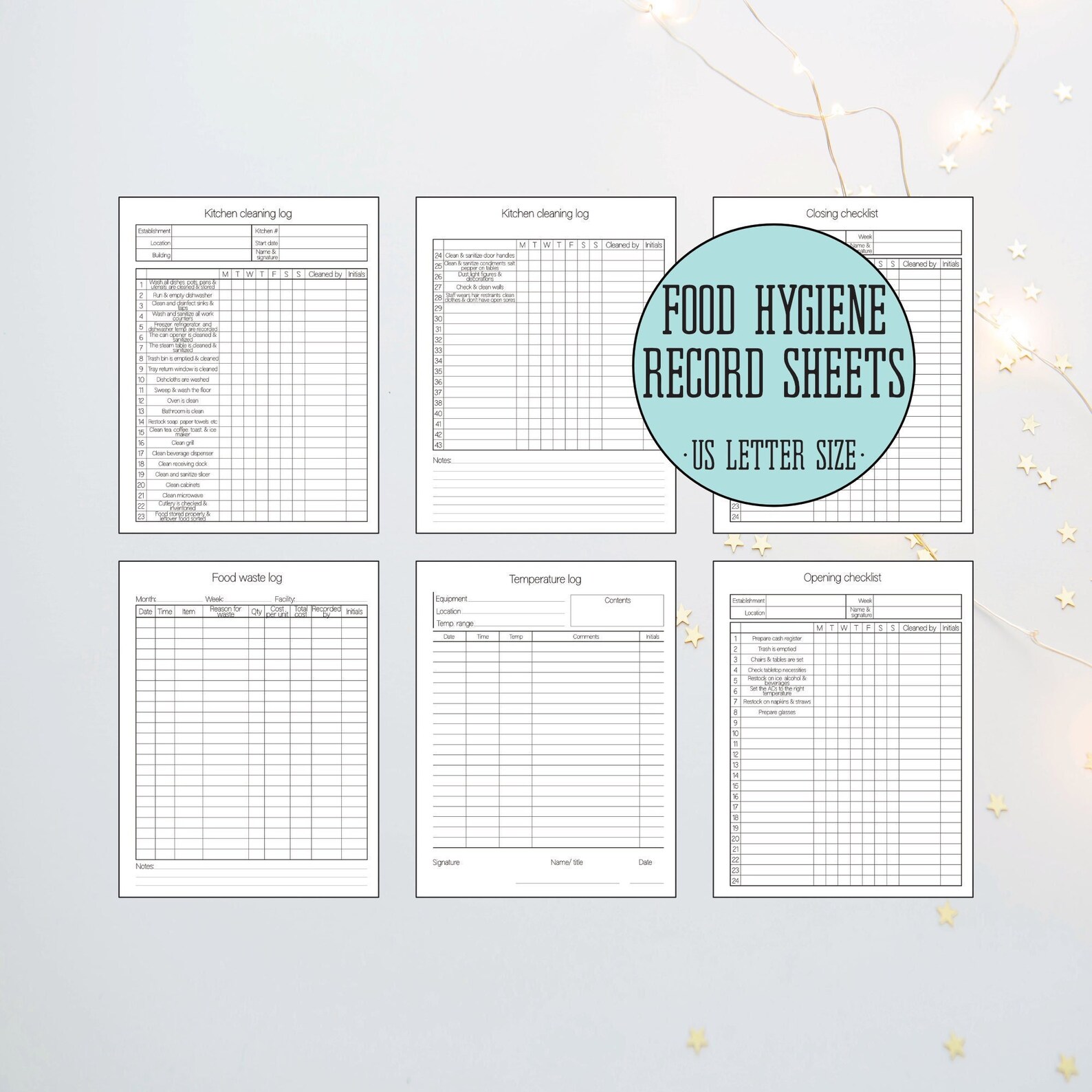 Kitchen Cleaning Checklist, Temperature Log, Food Waste Log, Food ...