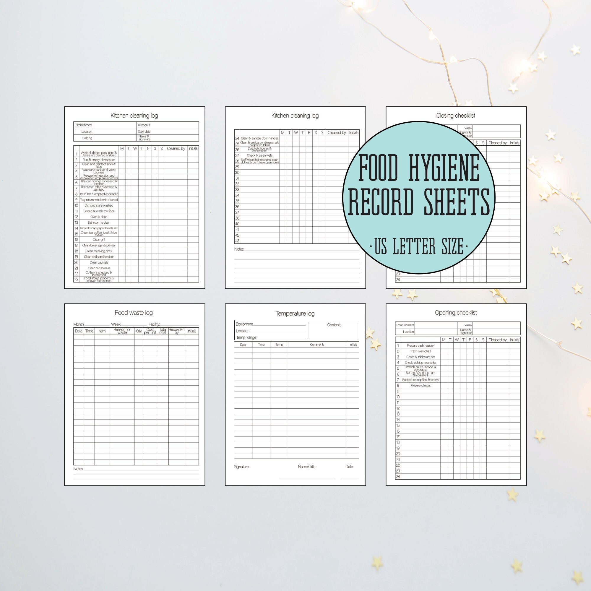 Kitchen Cleaning Checklist, Temperature Log, Food Waste Log, Food ...