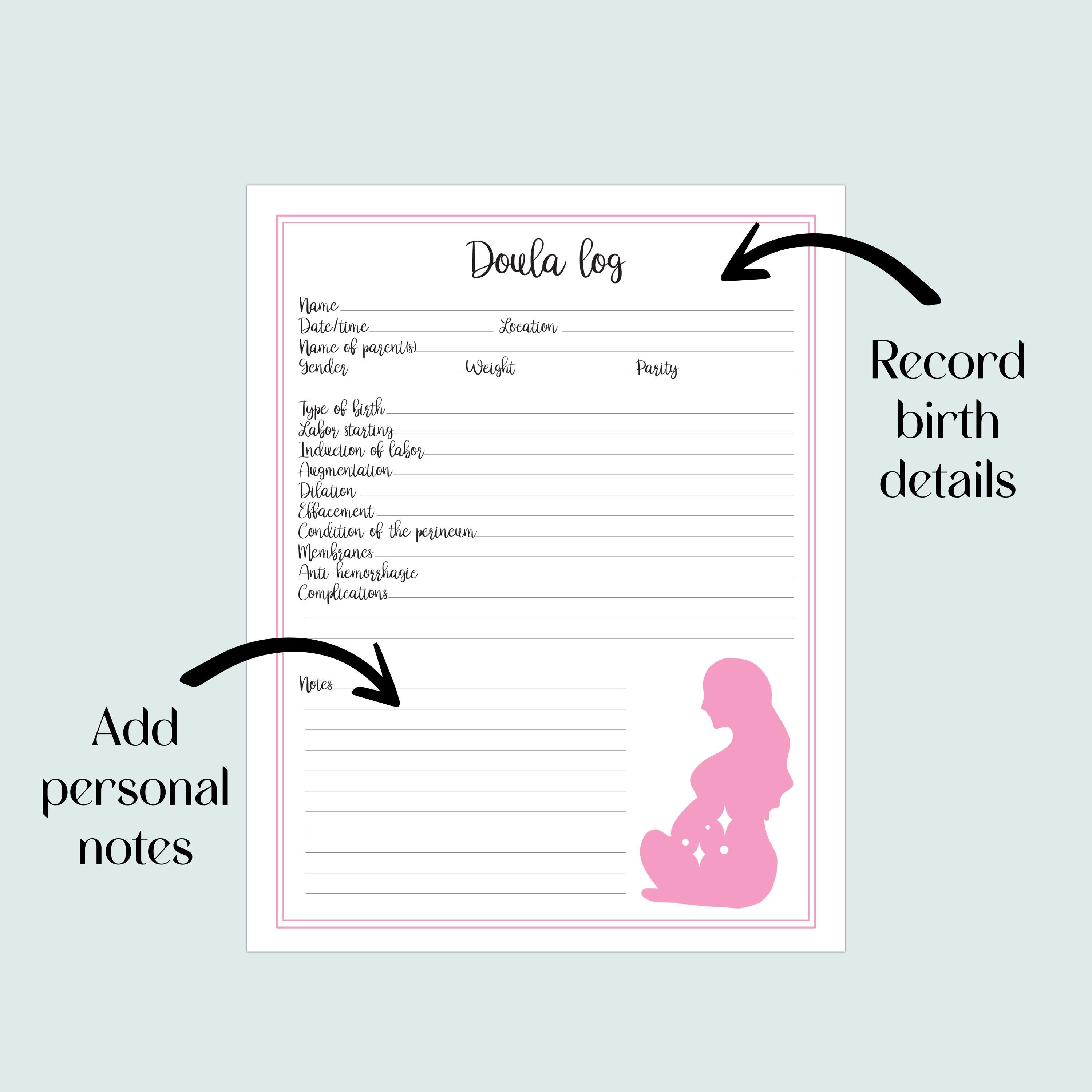 Birth Log Book - Printable Doula Journal & Midwife Log, Client Data ...