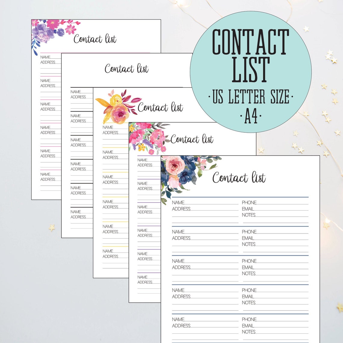 Printable Contact List, Floral Contacts Log, Address Book Template ...