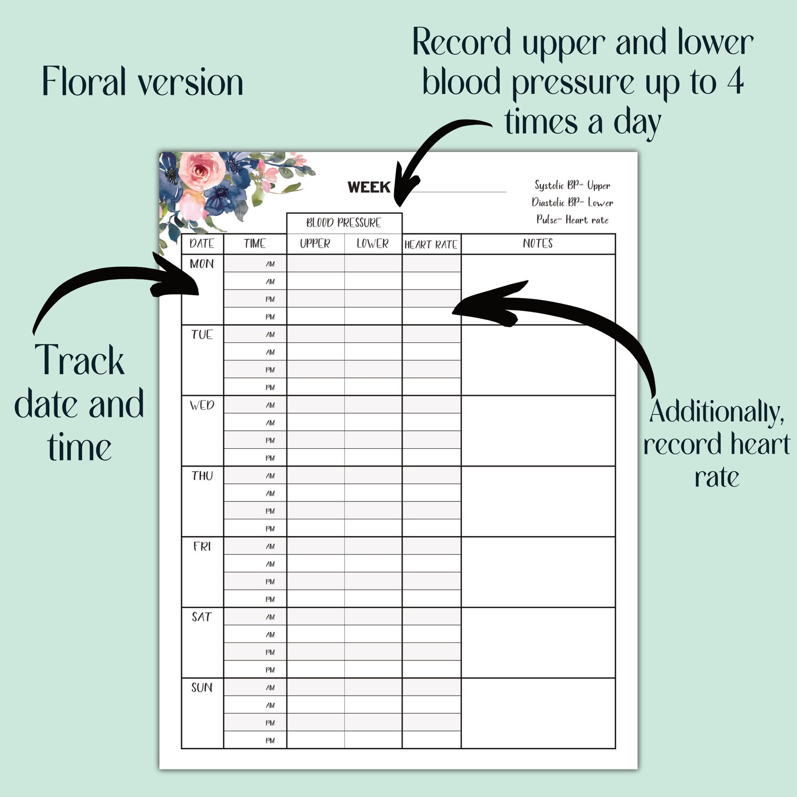 Blood Pressure Log, BP Diary, Printable Tracker, Health Log, High Blood ...