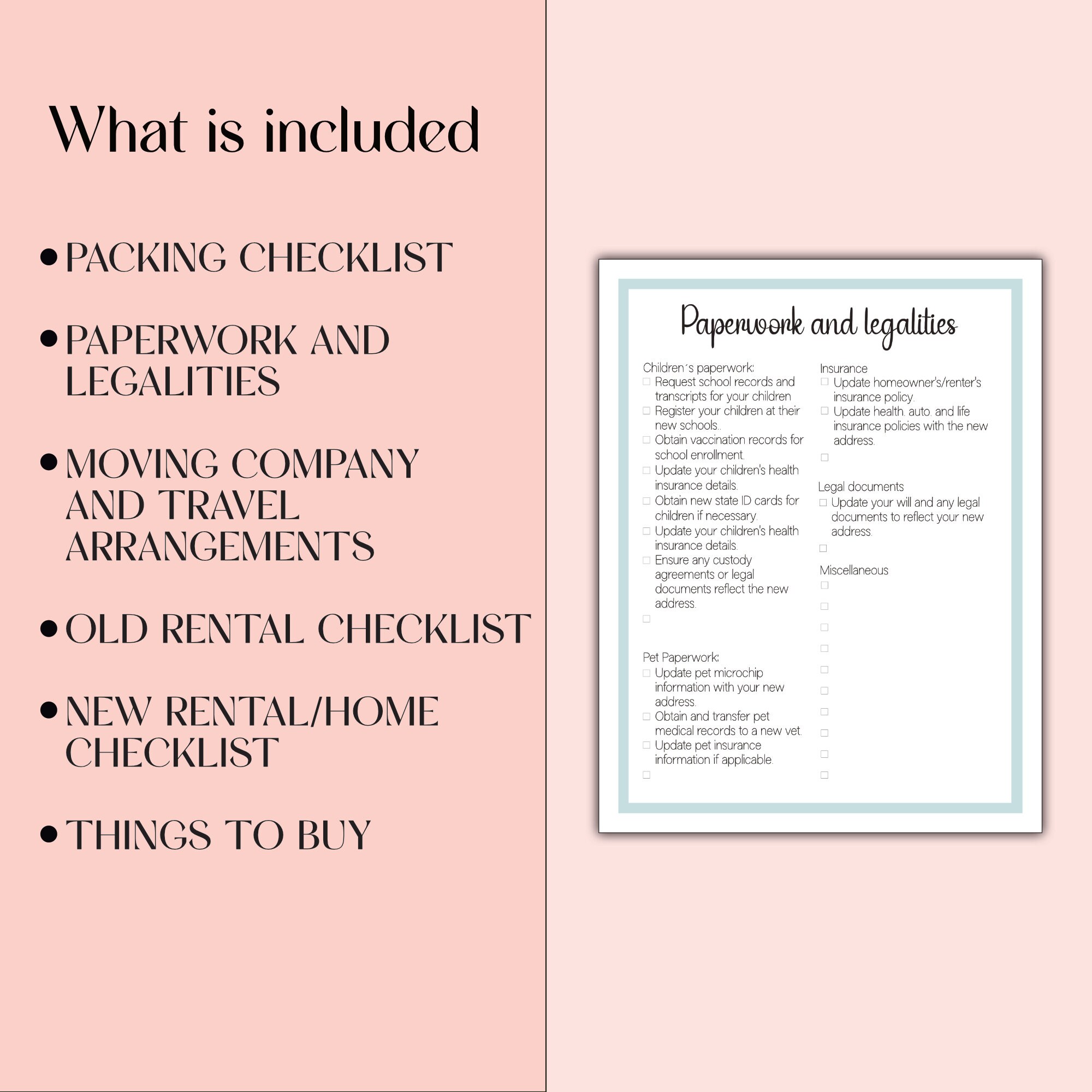 Moving Checklist, Printable Relocation Planner Suitable for Rentals and ...