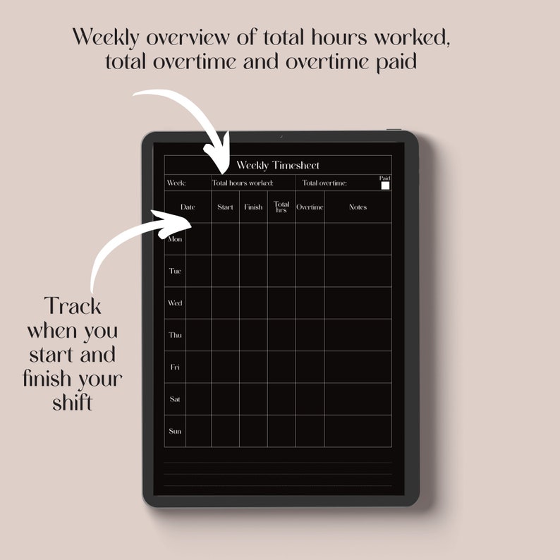 Timesheet Tracker, Weekly Time Sheet, Digital Work Hour Log, Overtime ...