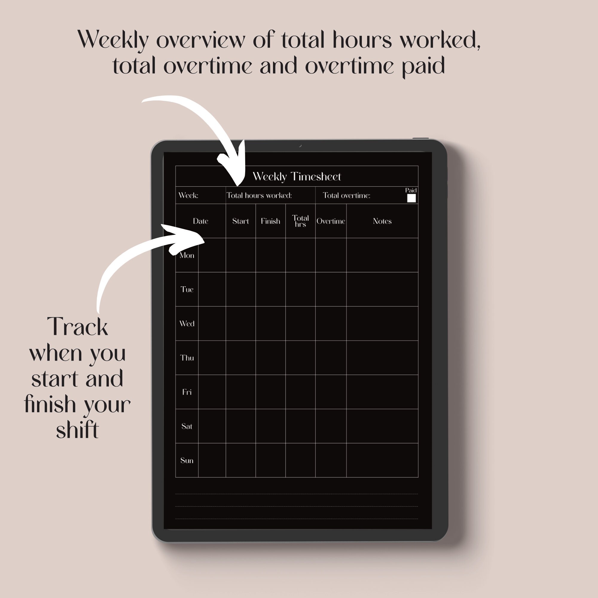 Timesheet Tracker, Weekly Time Sheet, Digital Work Hour Log, Overtime ...