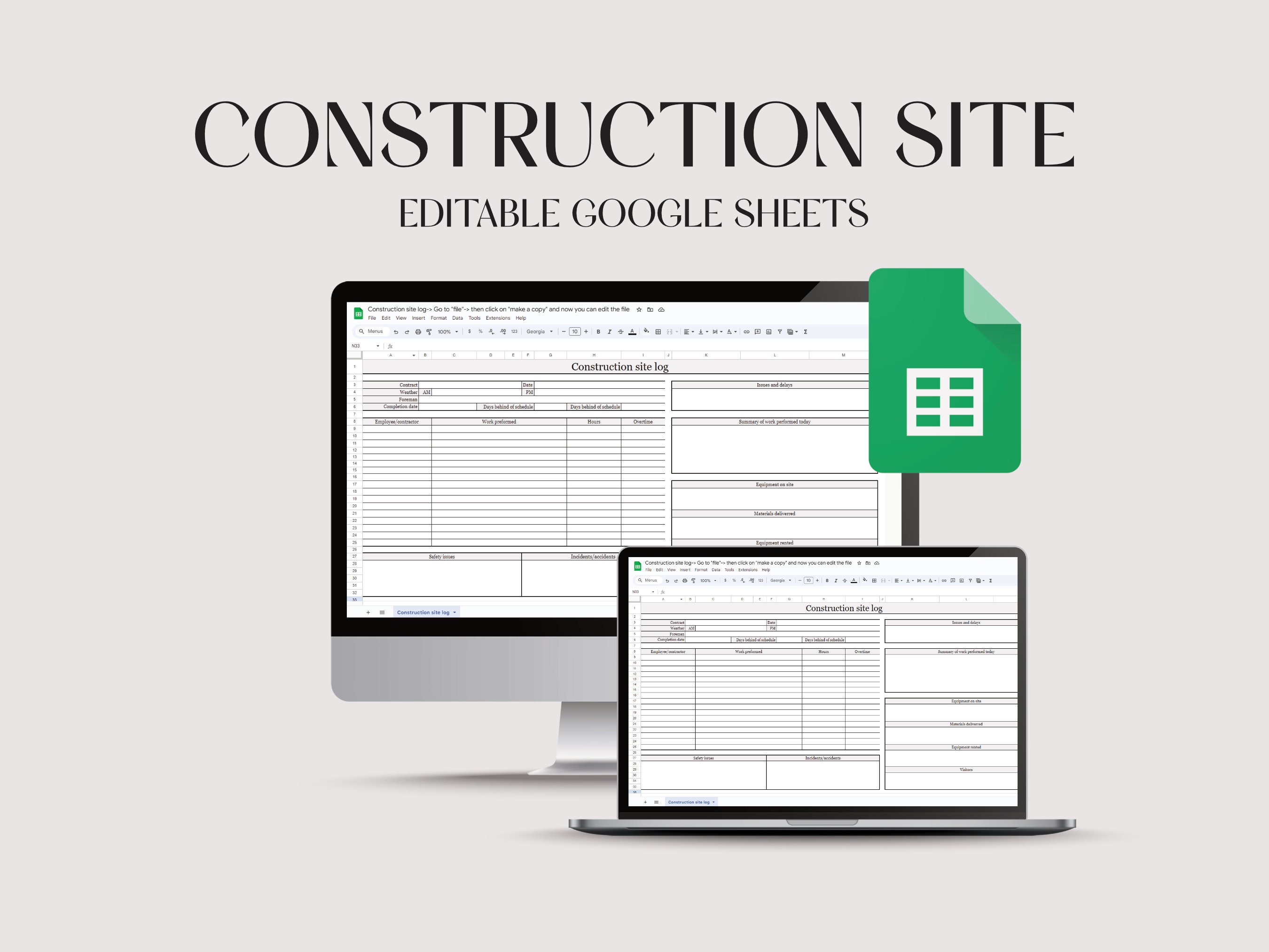 Construction Site Log Editable in Google Sheets, Job Site Project ...