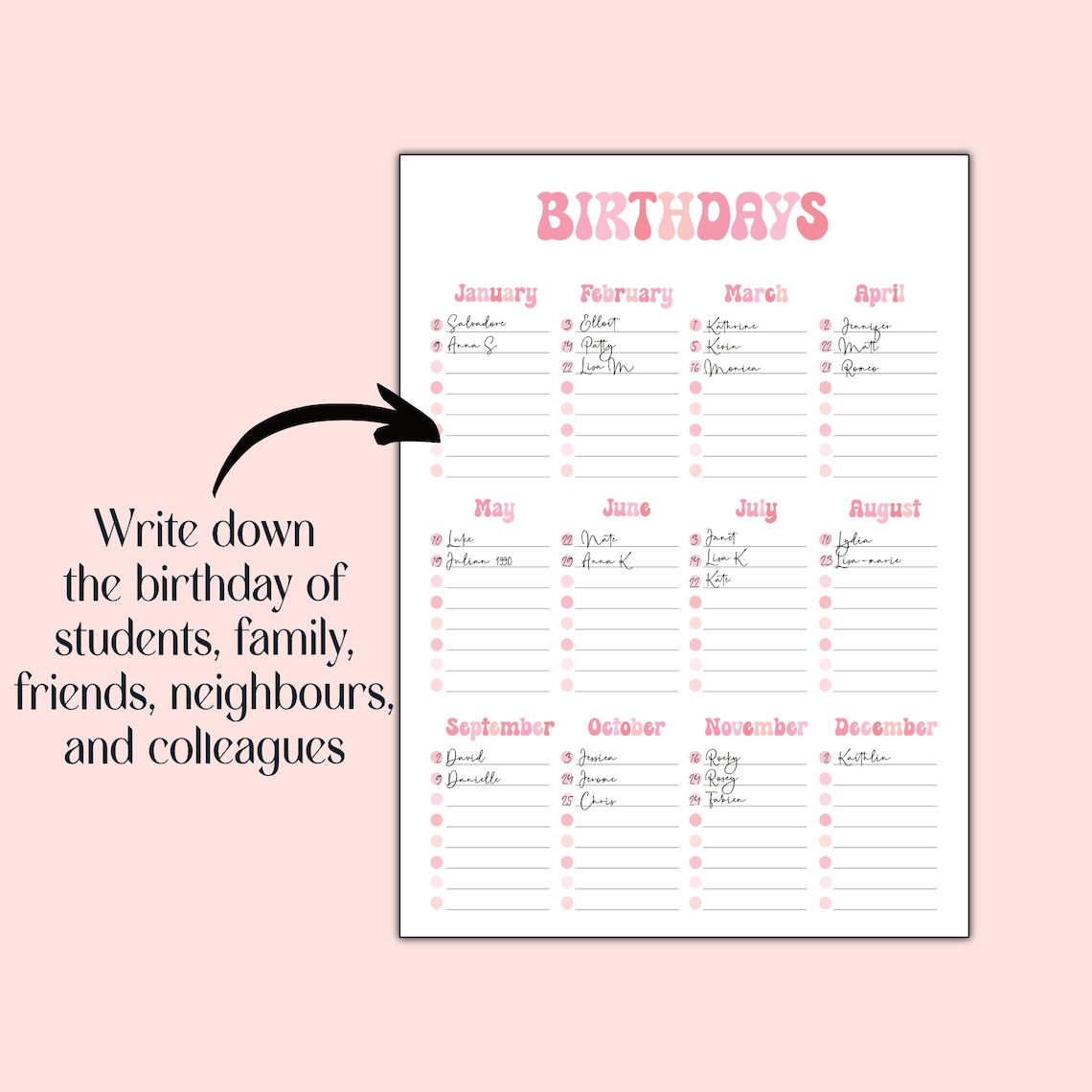 Birthday Tracker Printable - Pink Birthday Tracking Template | Birthday ...