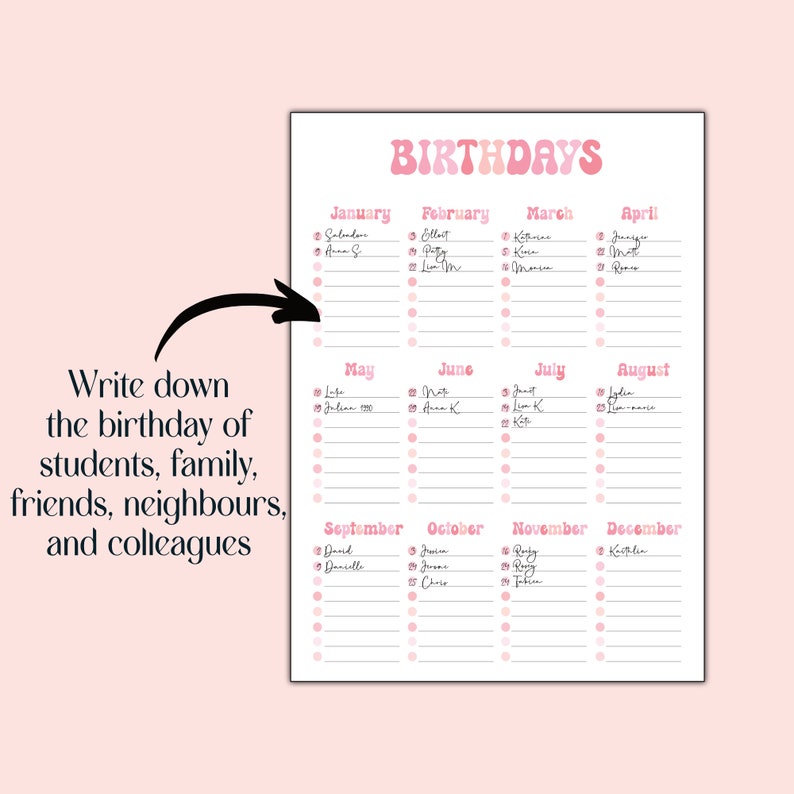 Birthday Tracker Printable - Pink Birthday Tracking Template | Birthday ...