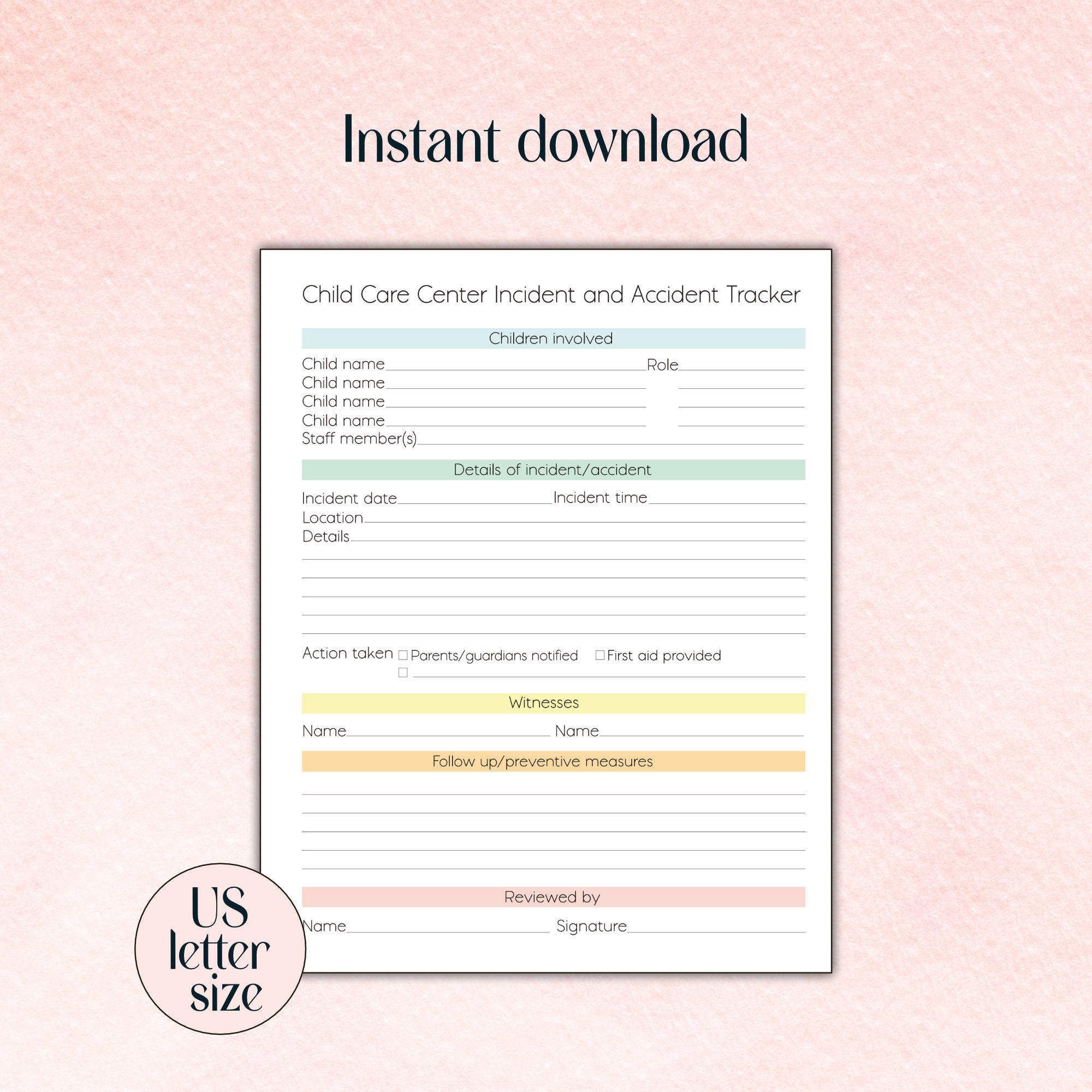 Incident Report Form, Child Care Health and Safety Log, Accident Report ...