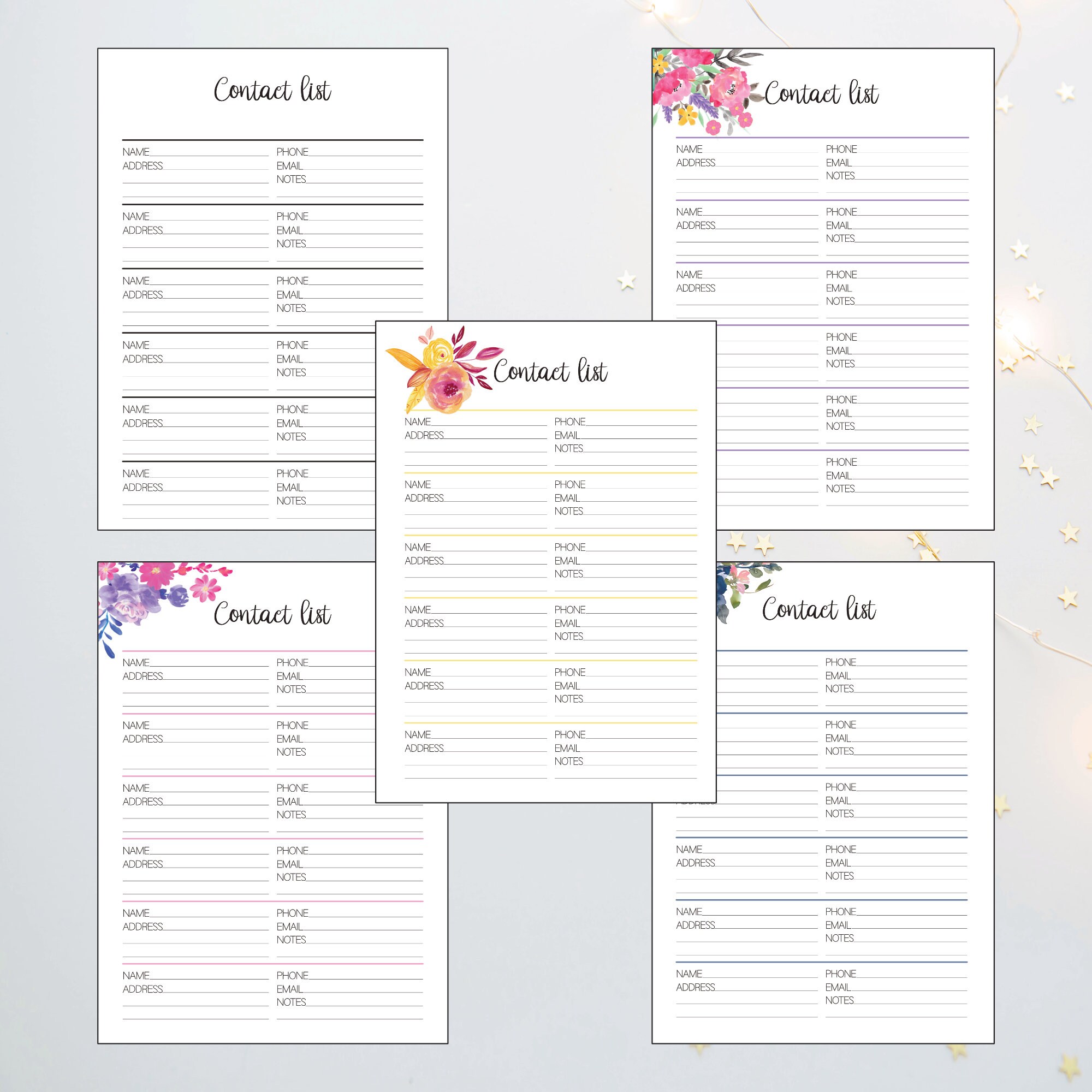 Printable Contact List, Floral Contacts Log, Address Book Template ...