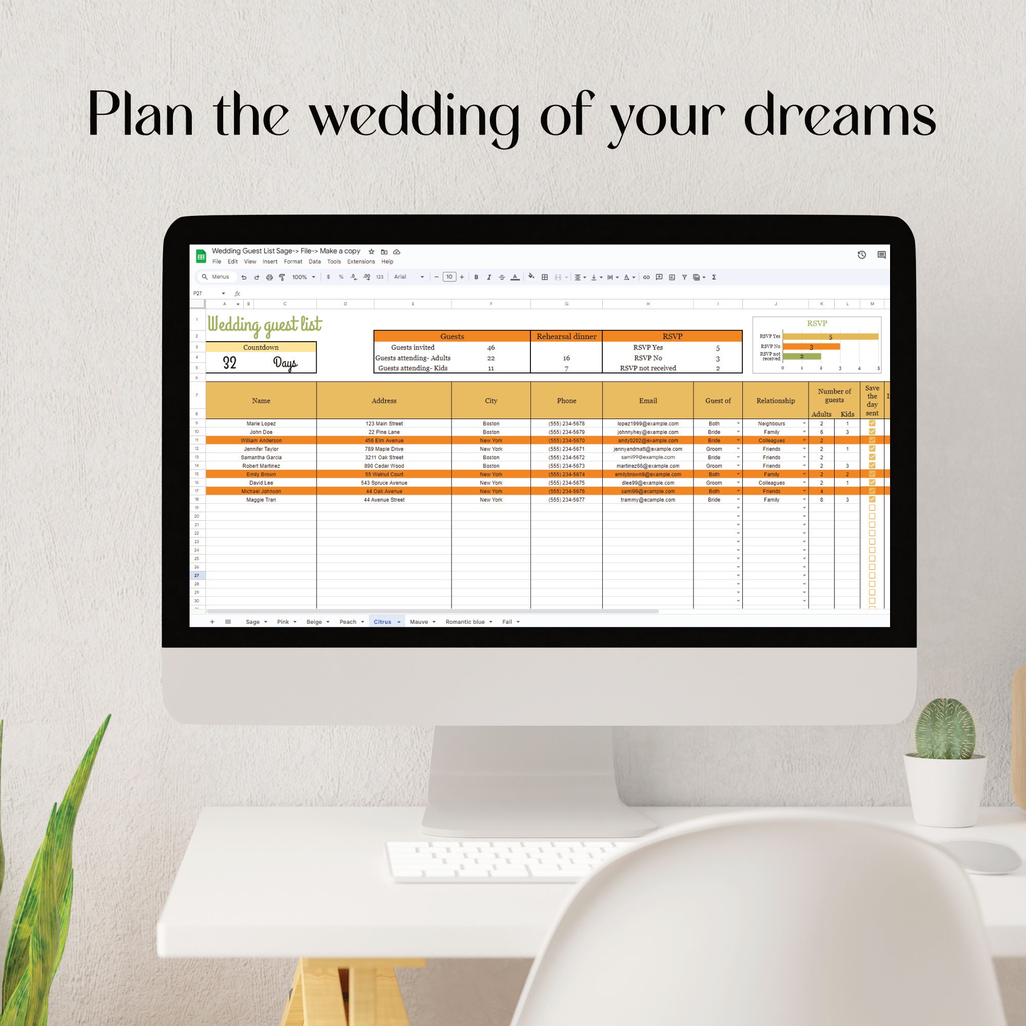 Wedding Guest List Tracker, Editable Google Sheets Wedding Guests ...