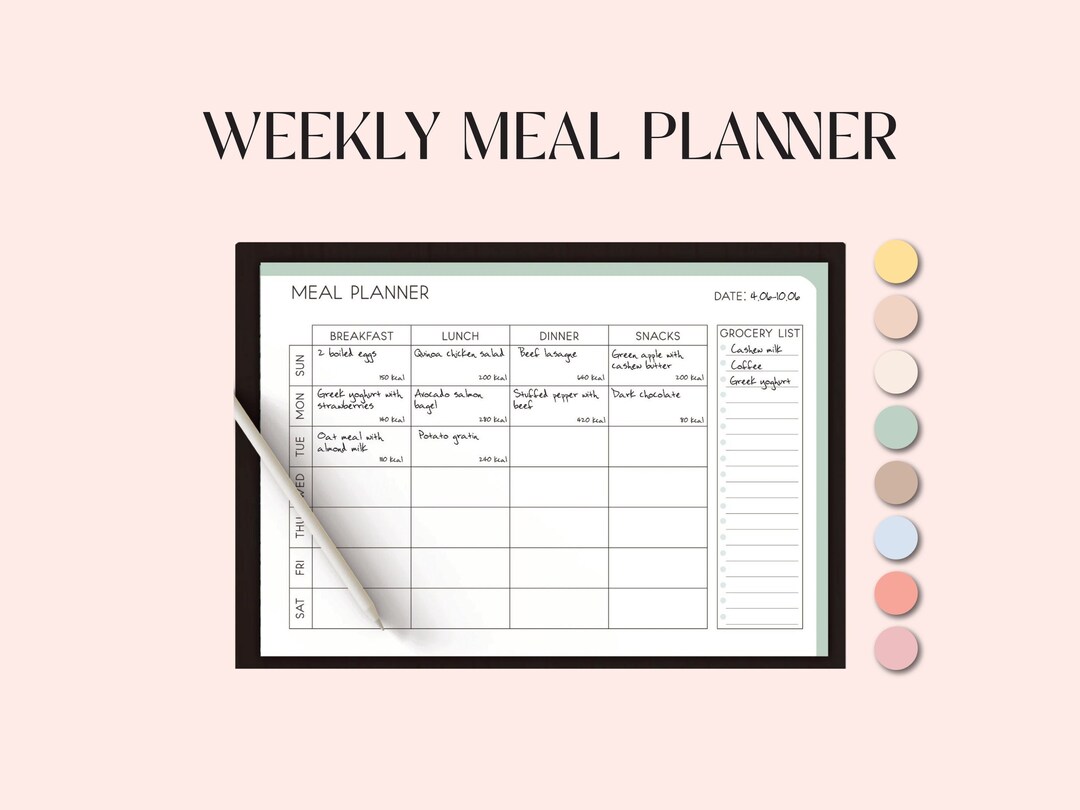 Digital Weekly Meal Planner for Goodnotes or Notability, 8 Colors ...