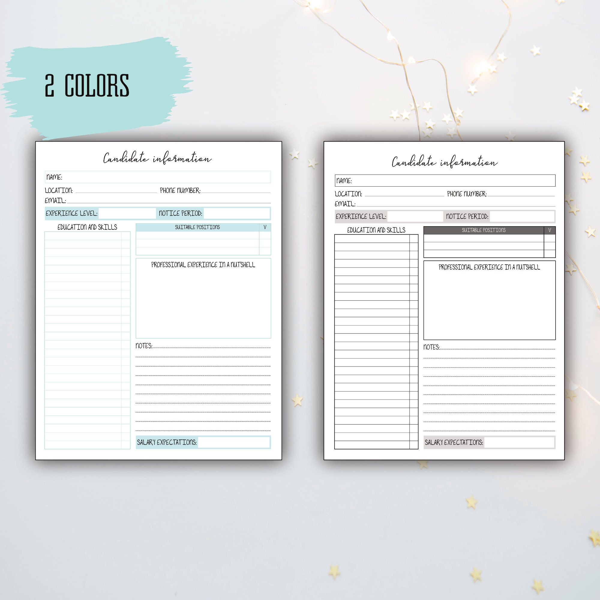 Candidate Record Sheet for Recruiters, Candidates Information Log ...