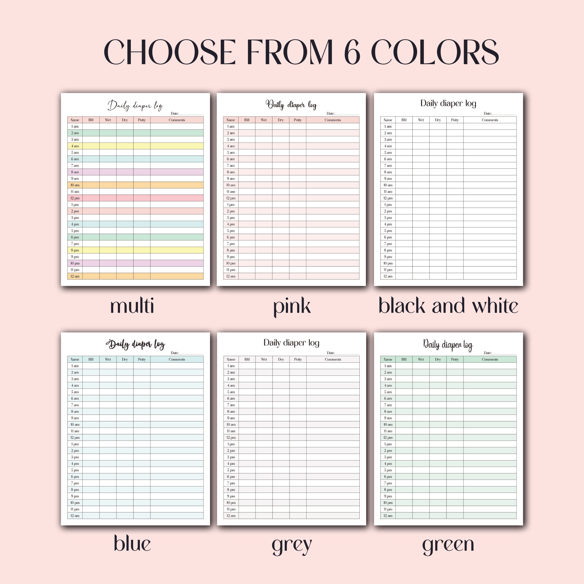 Diaper Log Printable, Daily Changing Tracker, Infant Changing Chart, 6 ...