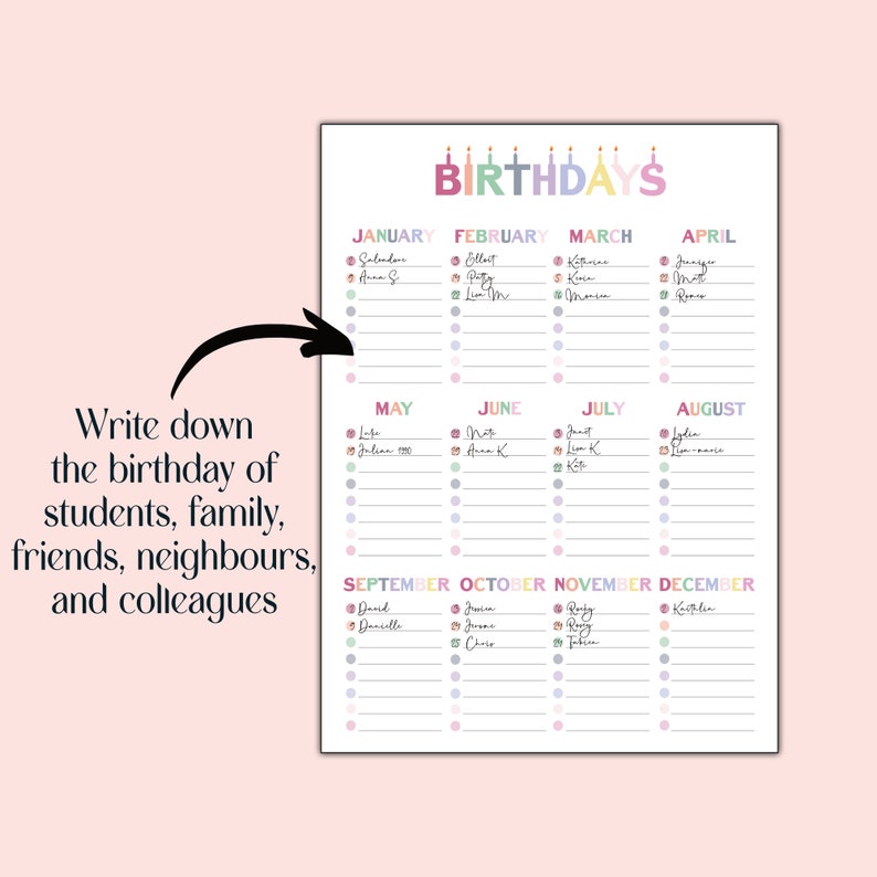 Birthday Tracker Printable, Birthday Tracking Template, Birthday ...